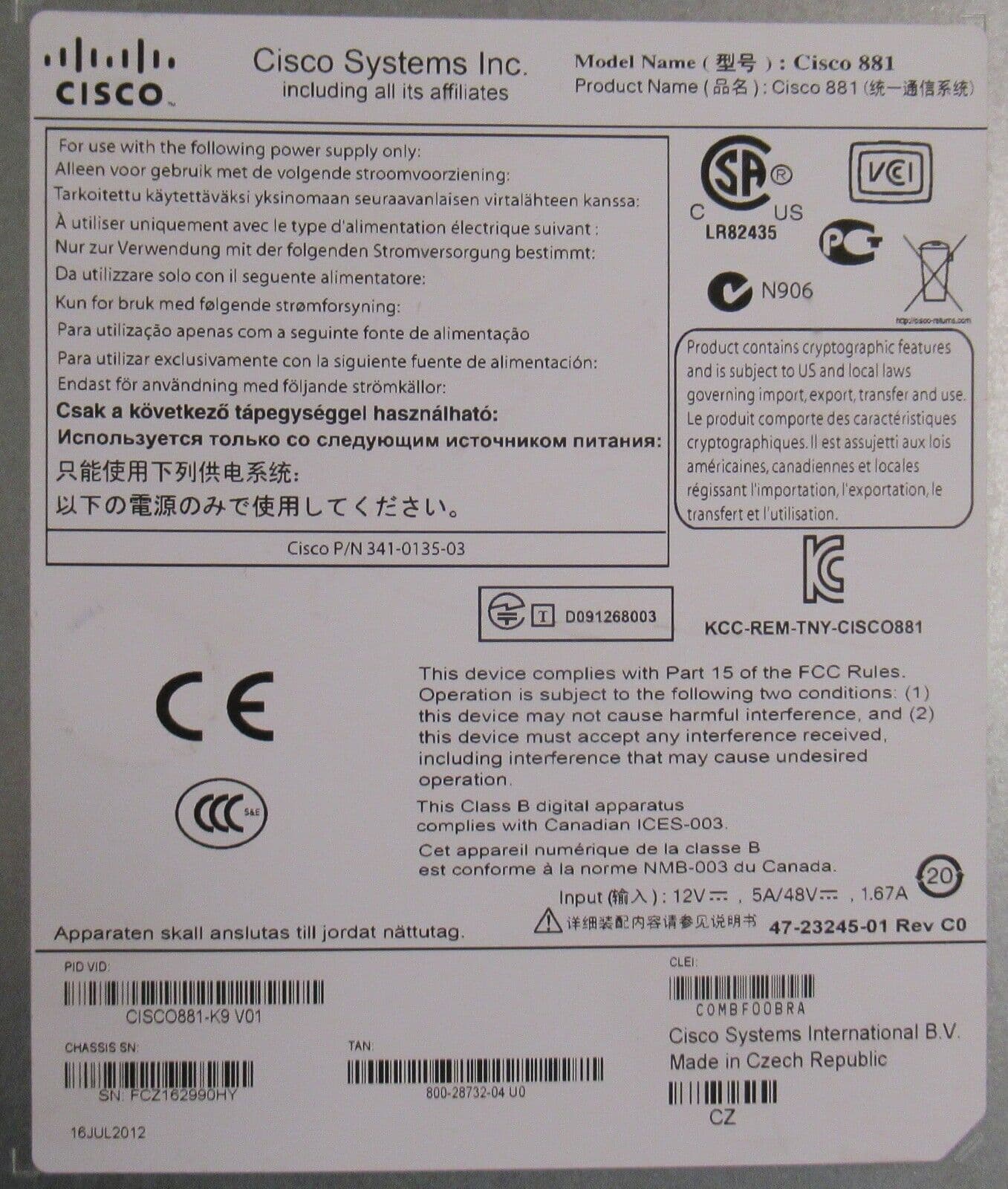 Cisco C881-K9 ISR Integrated Services Router 10/100 4-Port Firewall ...