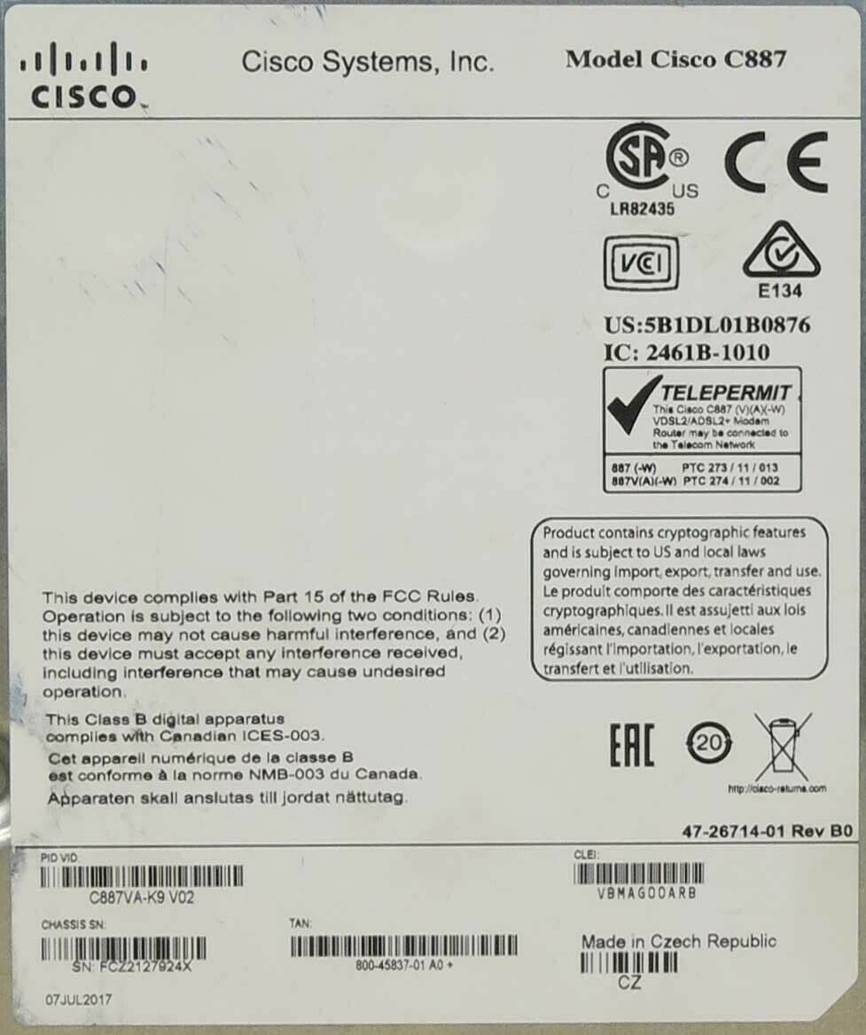 Cisco C887VA-K9 ISR VDSL2/ADSL2/2 Router Integrated Services Router ...