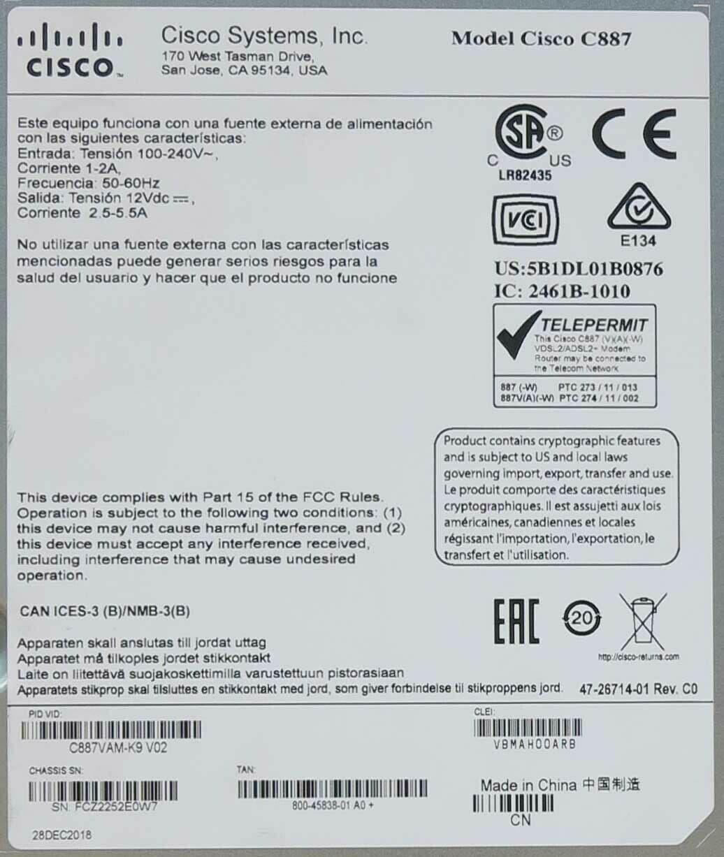 Cisco C887VAM-K9 880 Series ISR Integrated Services Router ADSL2 ADSL2 ...