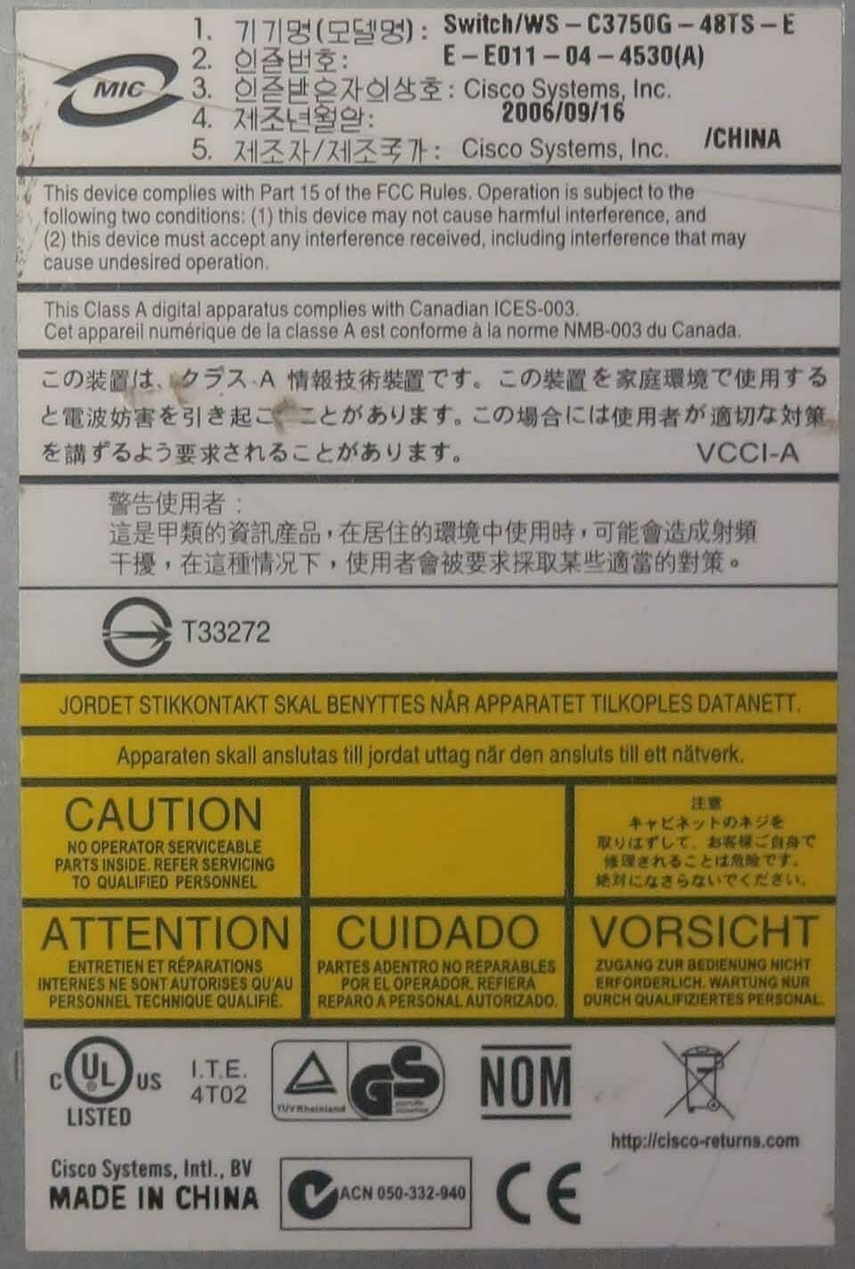 Cisco Catalyst WS-C3750G-48TS-E POE 48x GbE Port L2 Managed Ethernet 1U Switch