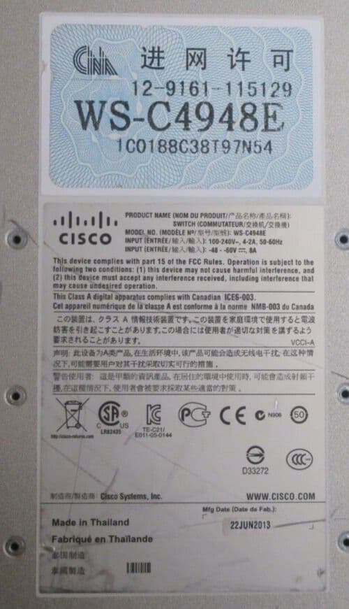 Cisco Catalyst WS-C4948E 48x 1Gb Ethernet RJ45 4x 1/10G SFP L3 2 x PSU ...