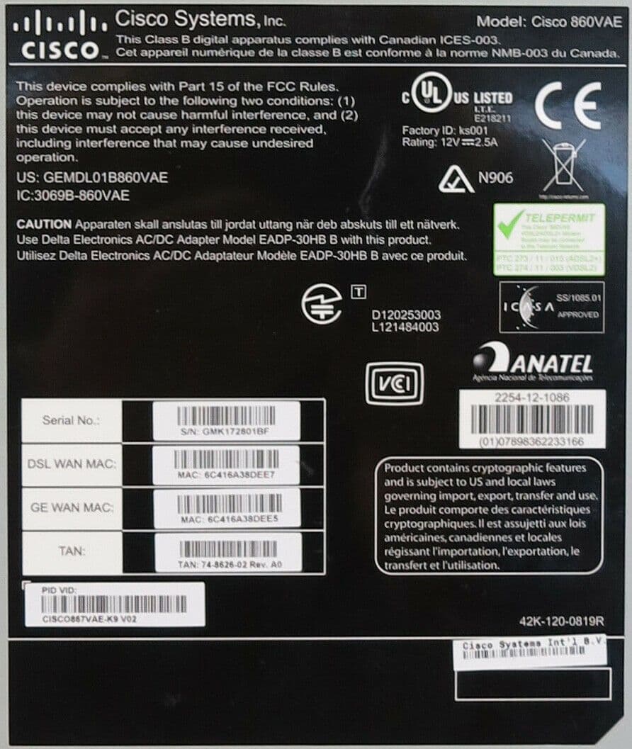 Cisco CISCO867VAE-K9 ISR 1U Gigabit 4-Port Wired Integrated Services Router