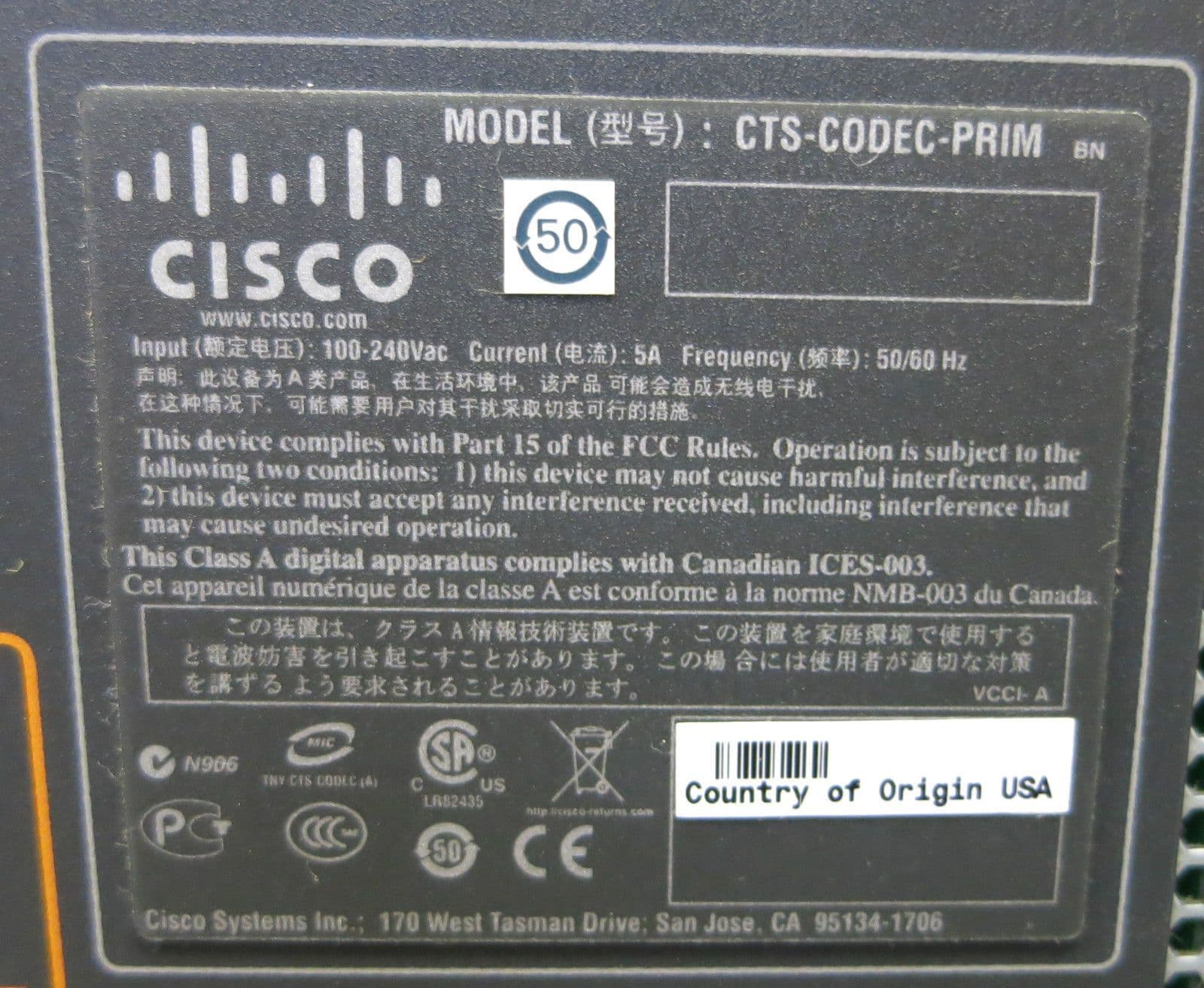 Cisco CTS-CODEC-PRIM Telepresence Primary Codec 800-28191-06 68-2897-05