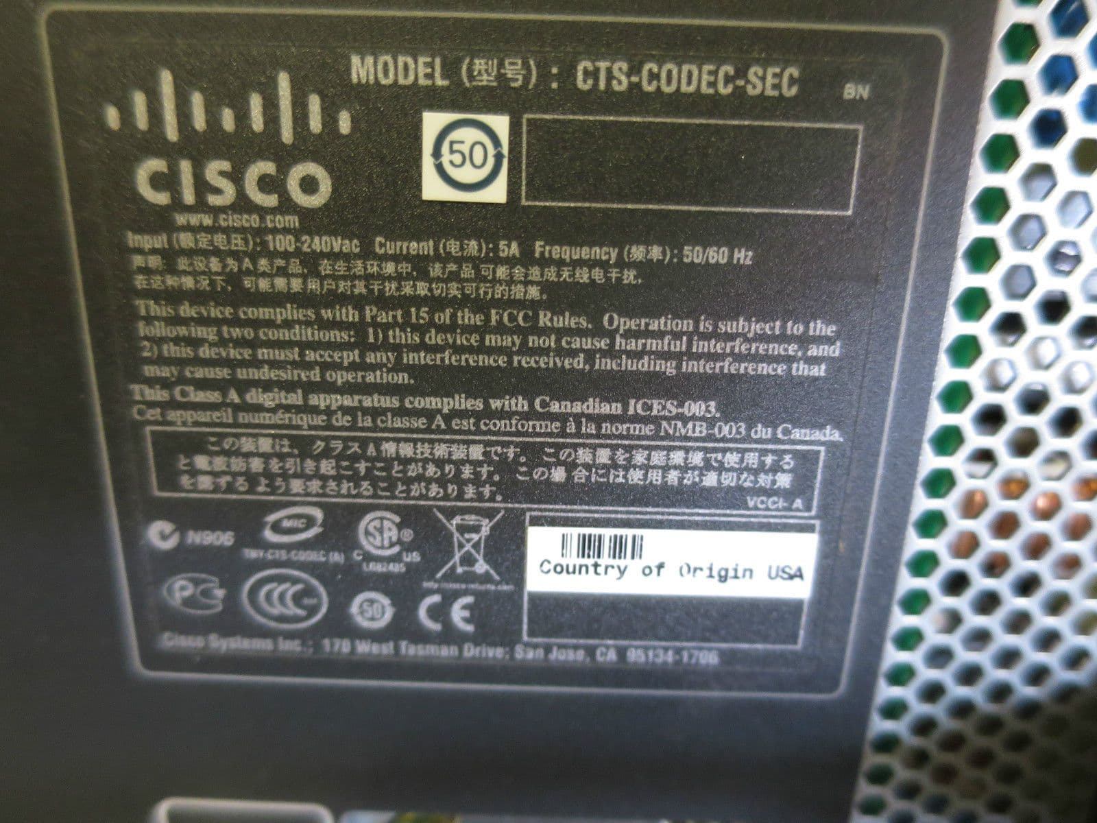 Cisco CTS-CODEC-SEC Telepresence 3000 Secondary Codec V6 68-2898-06 800 ...