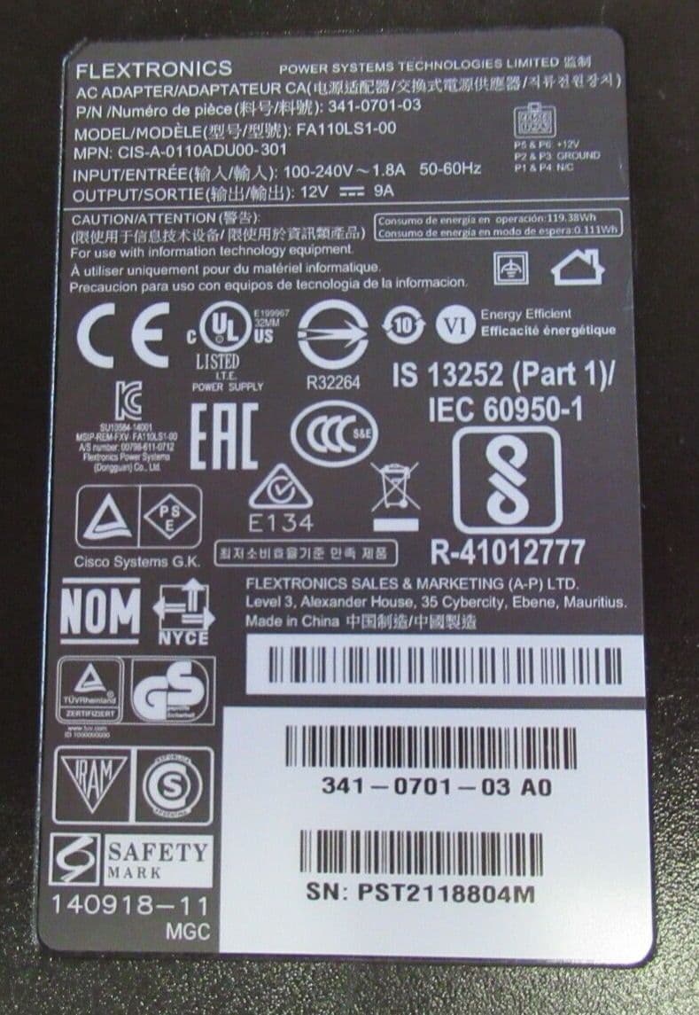 Cisco Flextronics CIS-A-0110ADU00-301 341-0701-03 AC Power Adapter 108W ...