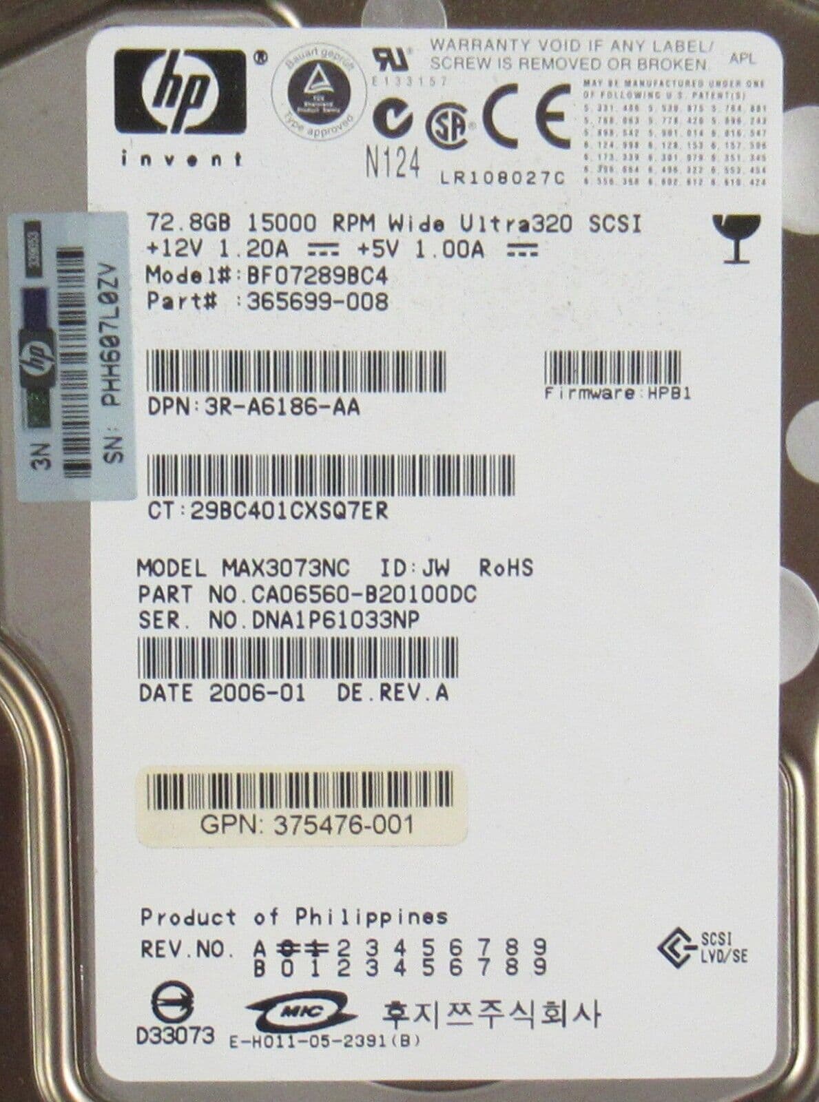 Cisco/HP BF07289BC4 365699-008 72 8GB 15K U320 3 5" 80 Pin Internal Hot ...