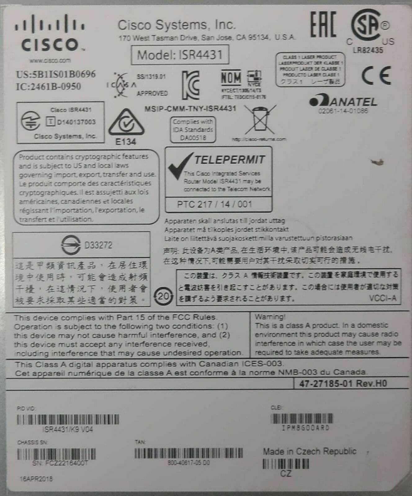 CISCO ISR4431/K9 ISR 2U Gigabit Wired Integrated Services Router ...