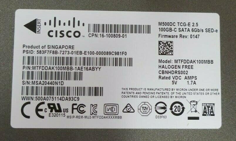 Cisco M-ASR1K-SSD-100GB 100GB SATA 6G 2 5" Solid State Drive SSD For ...