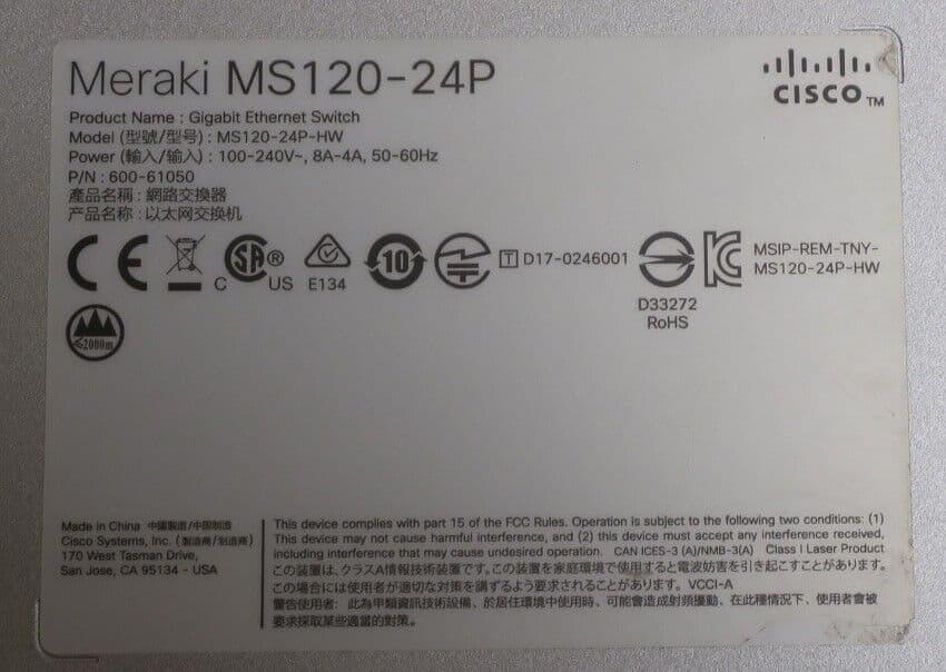 Cisco Meraki MS120-24P 24x 1GbE PoE 4x 1GbE SFP 1U Managed Switch CLAIMED