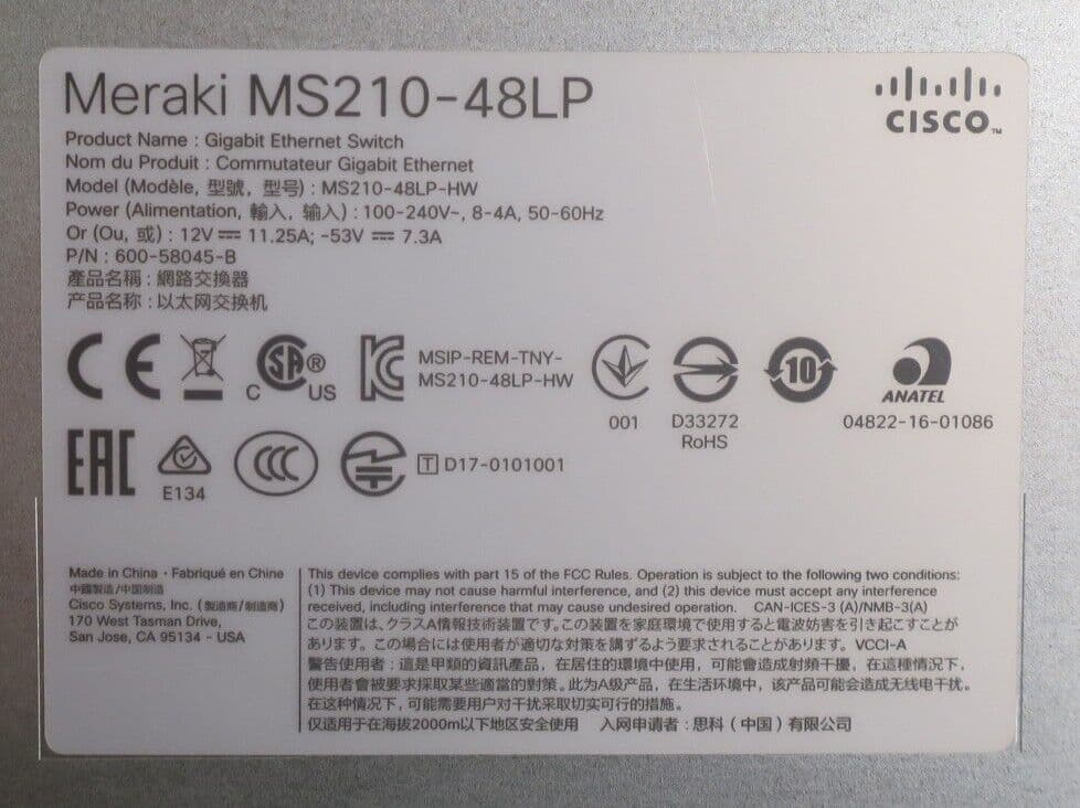 Cisco Meraki MS210-48LP 48x 1GbE PoE 4x SFP 1U Cloud Managed Switch ...