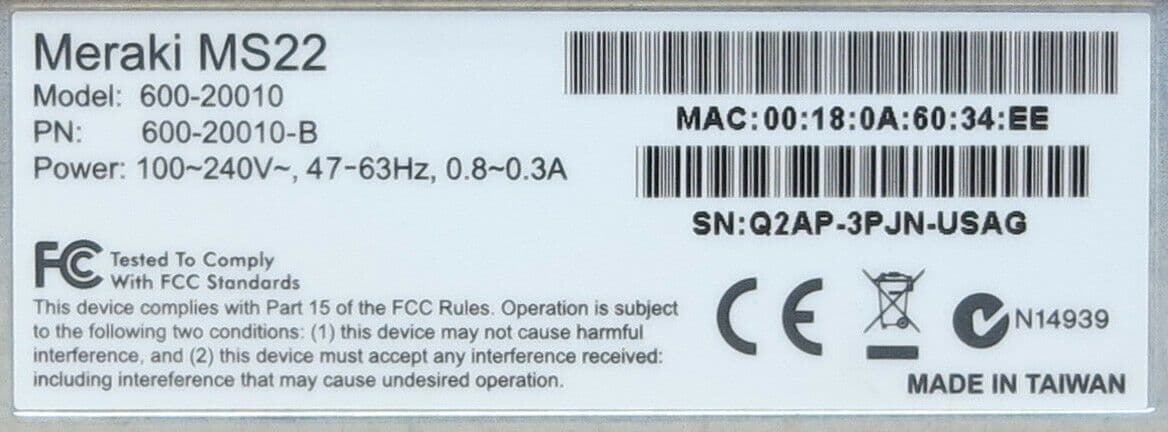 Cisco Meraki MS22 24x 1GB Cloud Managed Ethernet Managed Switch 600-20010