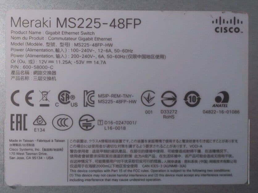 Cisco Meraki MS225-48FP 48x 1GbE PoE 4x 10Gb SFP 1U Managed Switch ...