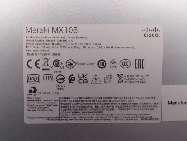 Cisco Meraki MX105-HW Security and SD-WAN Cloud Managed Appliance UNCLAIMED