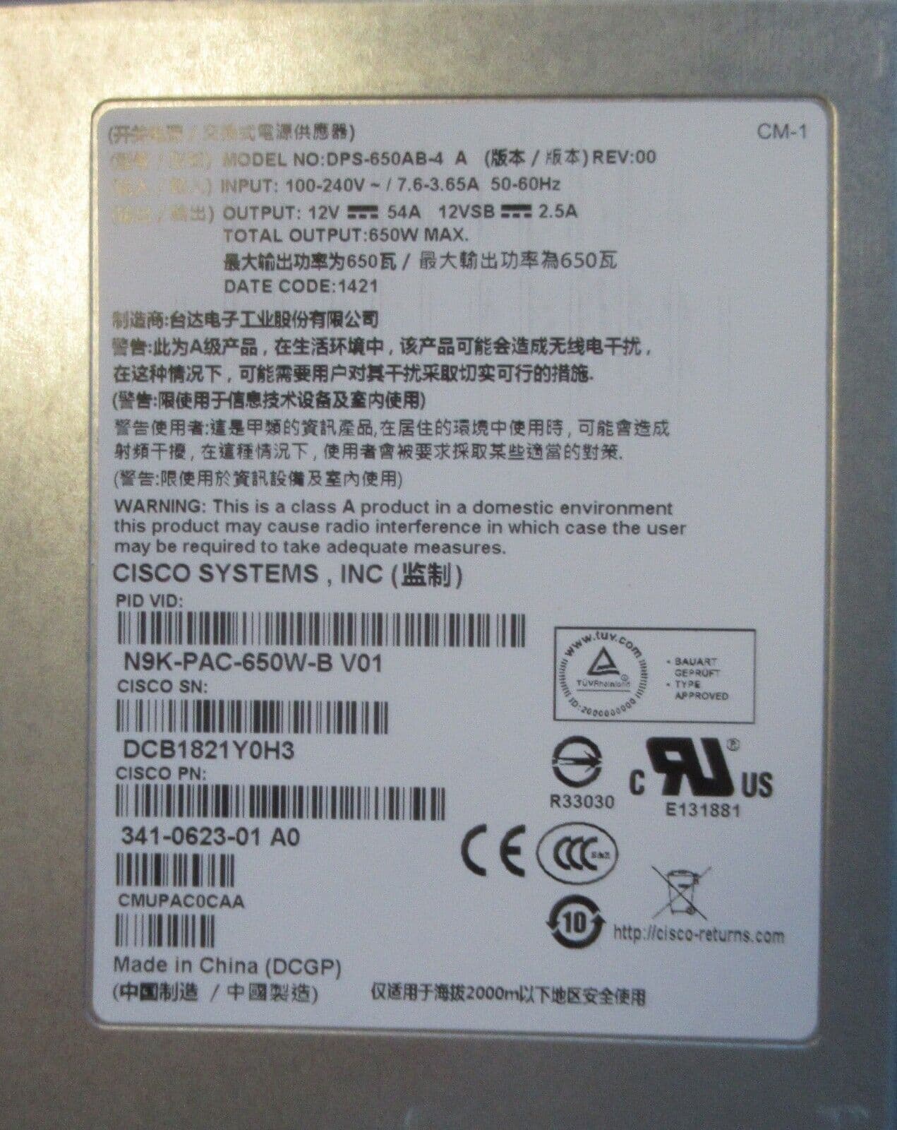 Cisco N9K-PAC-650W-B Cisco Nexus 9300 650W Hot-Plug Power Supply 341 ...