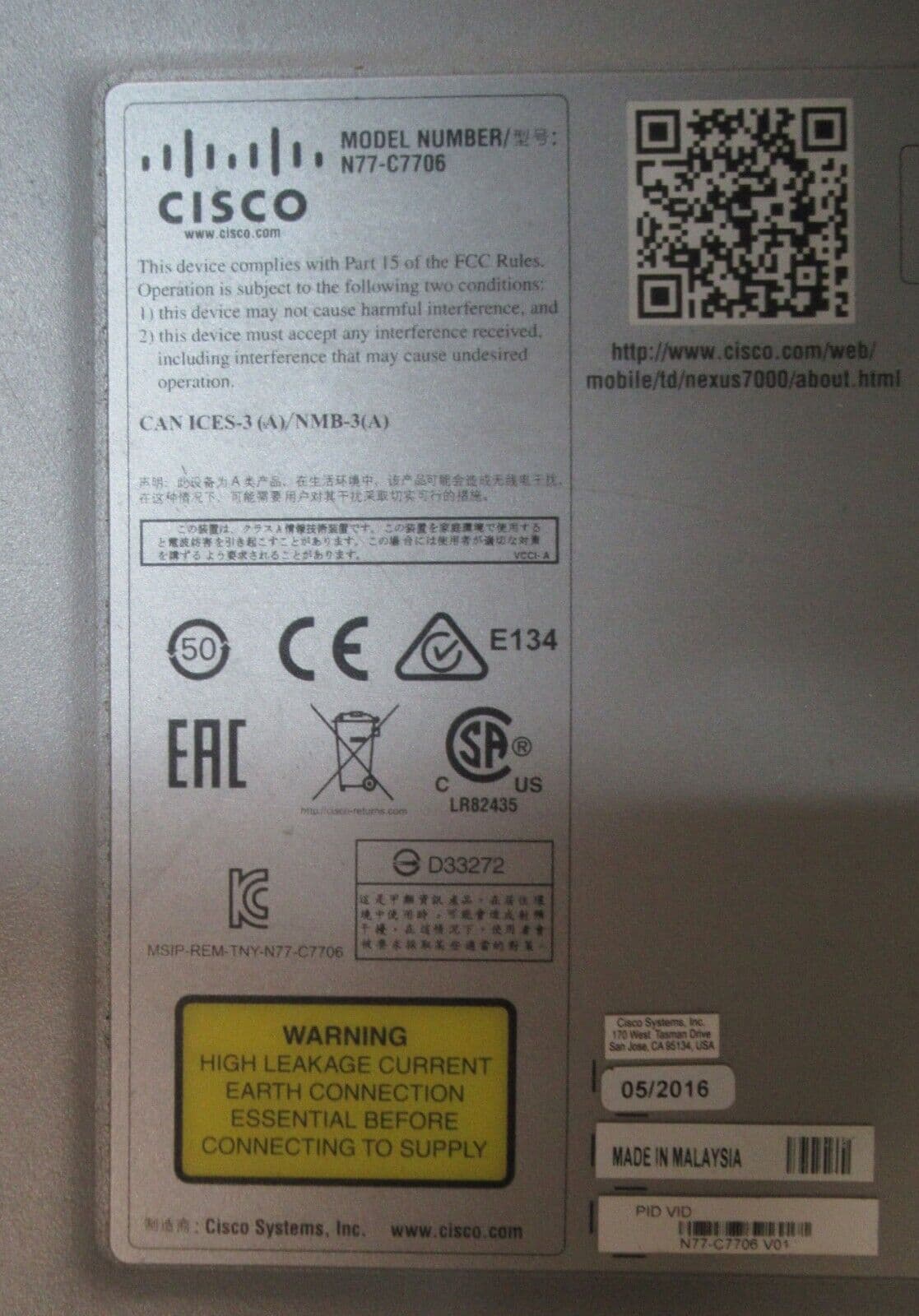 Cisco Nexus 7700 3x I/O Module 4x Gigabit Module 6-Slot Network Switch ...