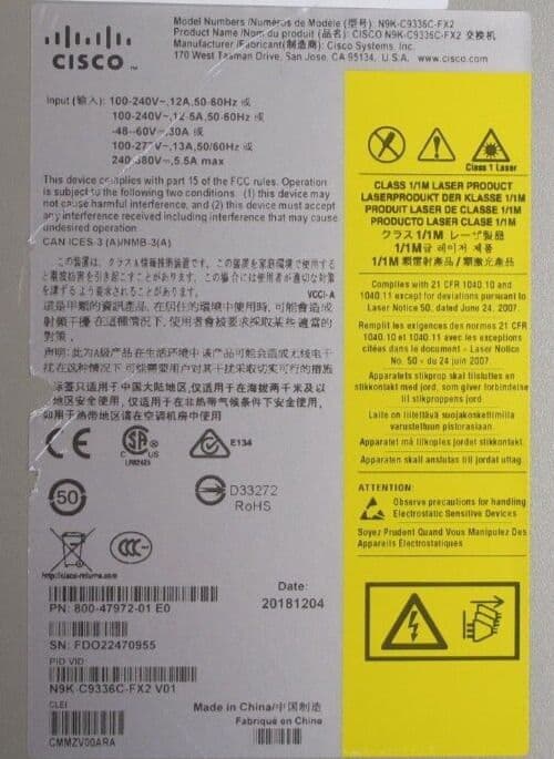 Cisco Nexus 9336C-FX2 36x 40/100Gbps QSFP28 Ports 1U Switch N9K-C9336C ...