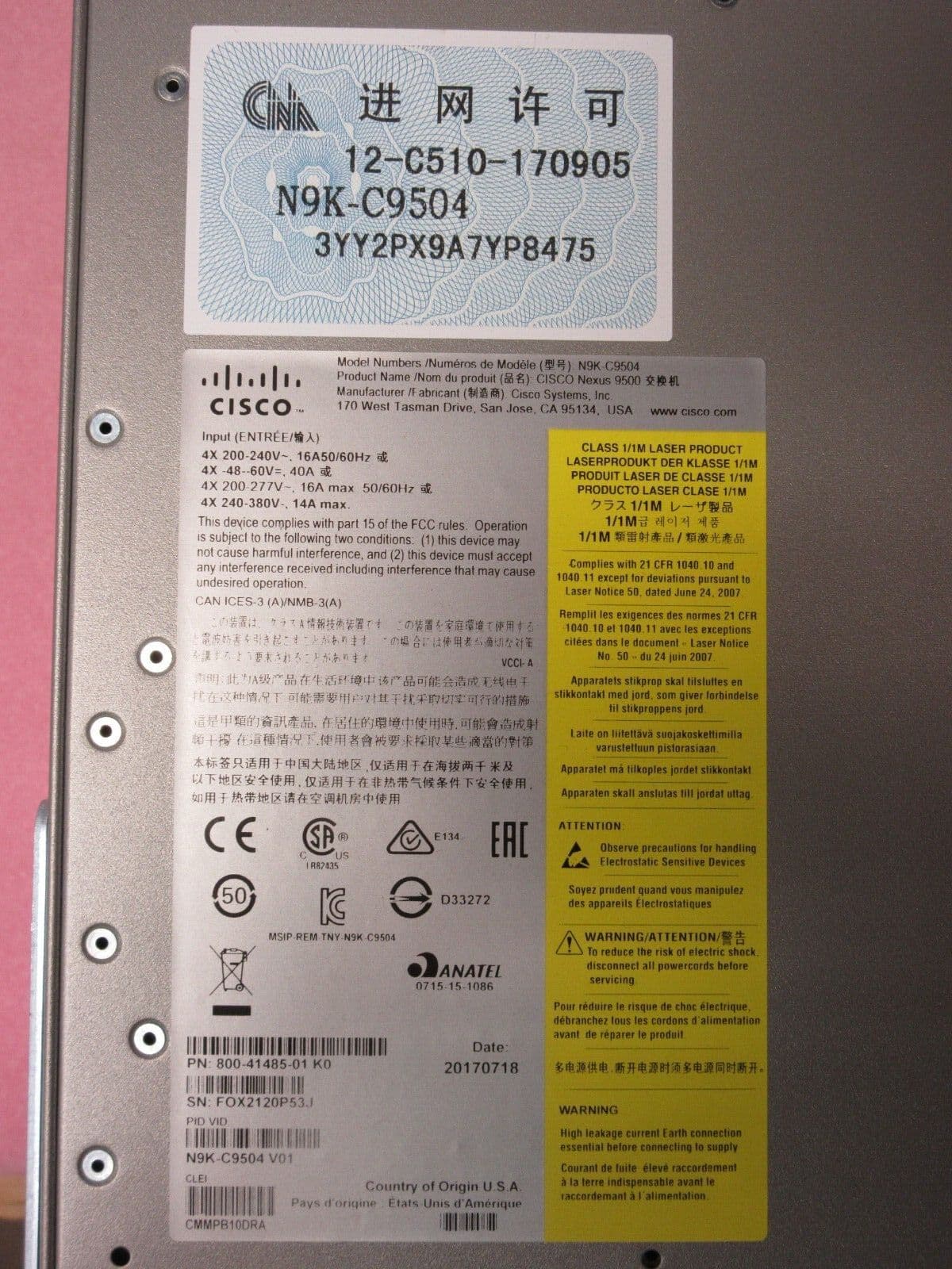 Cisco Nexus C9504 N9K-C9504 4-Slot Switch Chassis 2x N9K-SUP-A 2x N9K-SC-A