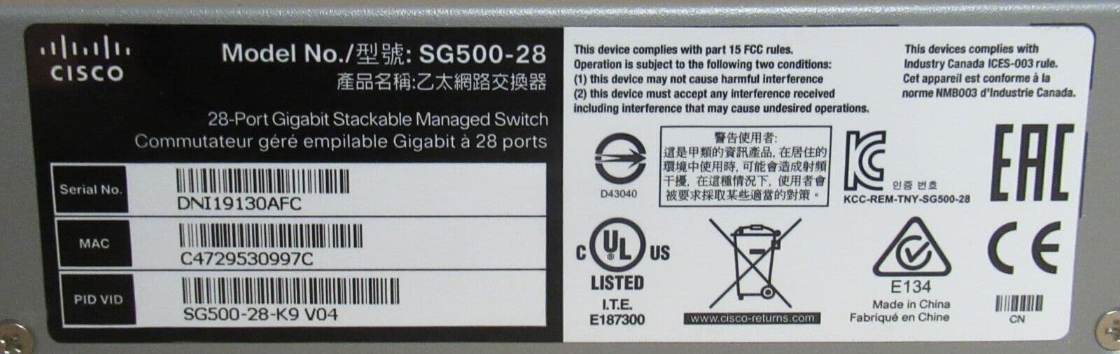 Cisco SG500-28-K9 24-Port With 4 Gigabit Ethernet Stackable Managed Switch