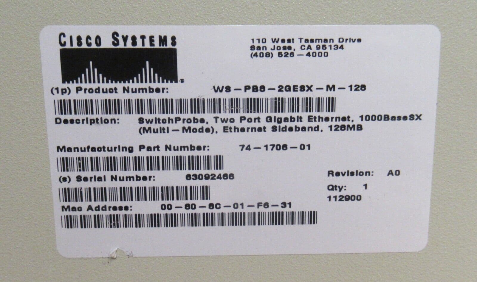 Cisco SwitchProbe WS-PB8-2GESX-M-128 2 Port Gigabit Ethernet Network ...