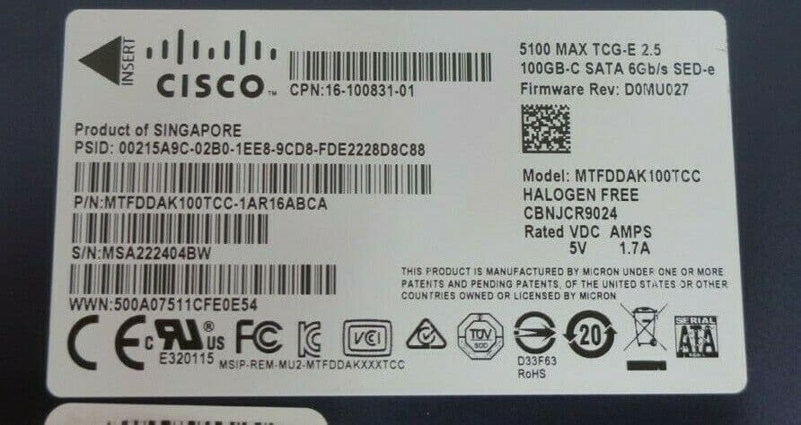 Cisco UCS-SSD100GI1F105 100GB Low-Height SATA 6Gb/s 2 5" SSD Solid ...