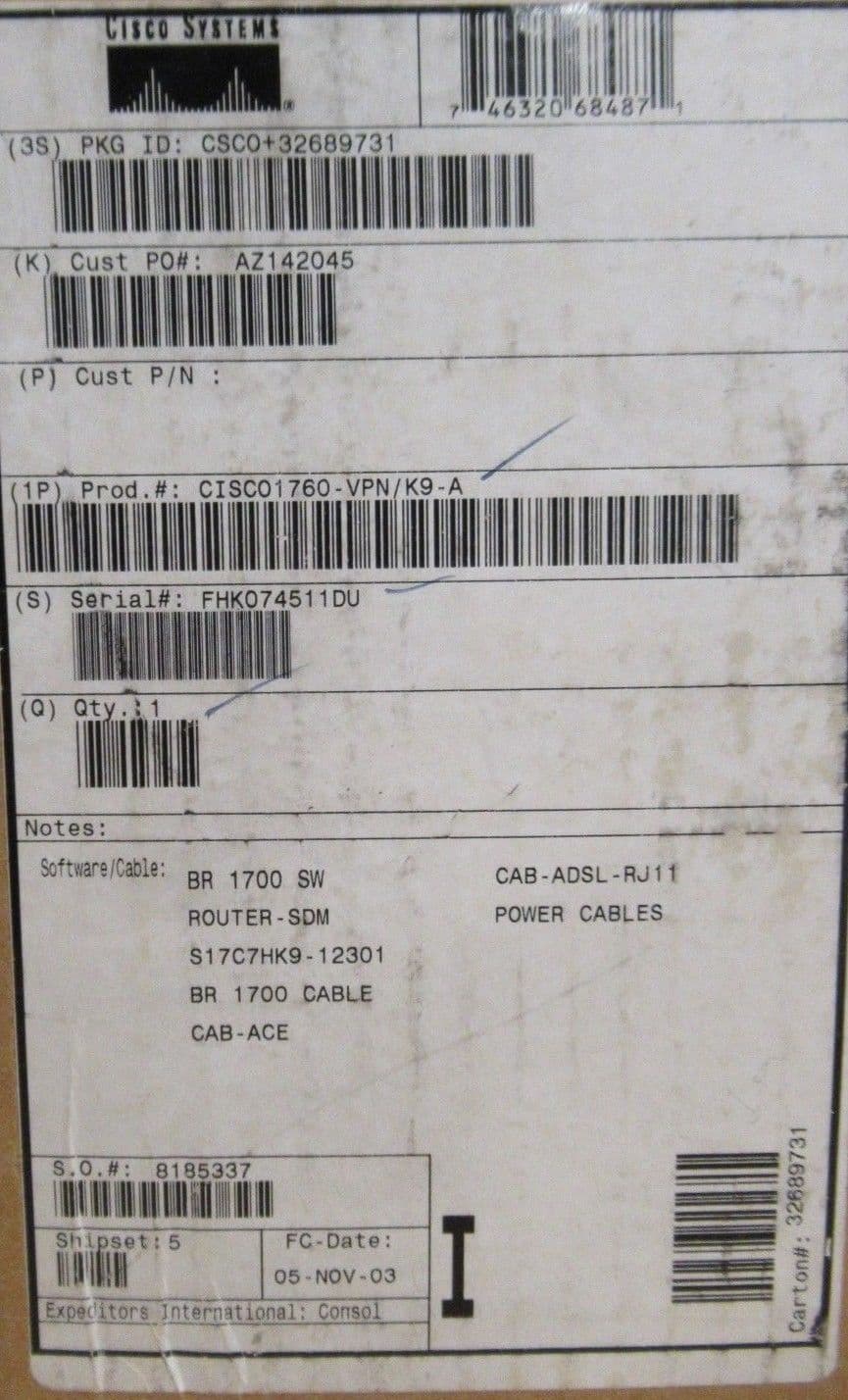 CISCO1760-VPN/K9-A 1700 Series Modular Access 10/100 Ethernet Router