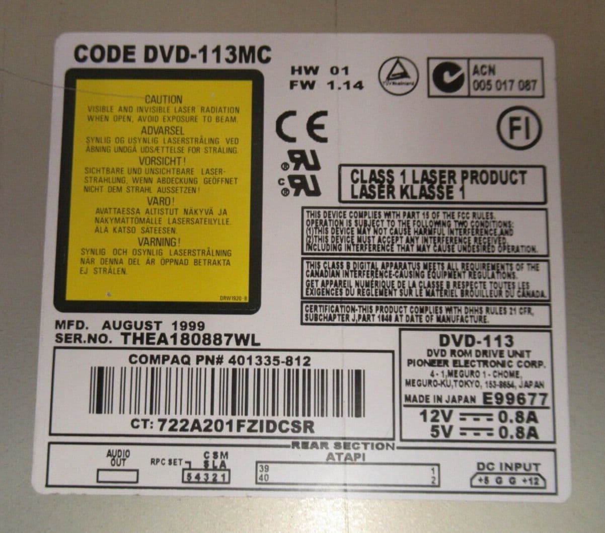 Compaq DVD-113MC 401335-812 Presario 5400 6X IDE Internal DVD-ROM ...