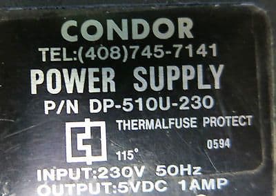 Condor AC Mains Power Adapter 5V 1A - P/N DP-510U-230