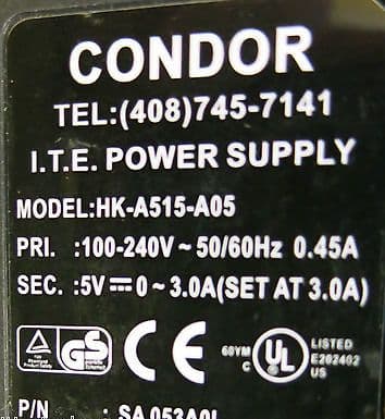 Condor SA053A0I AC Mains Power Adapter 5V 0-3 0A - Model No HK-A515-A05