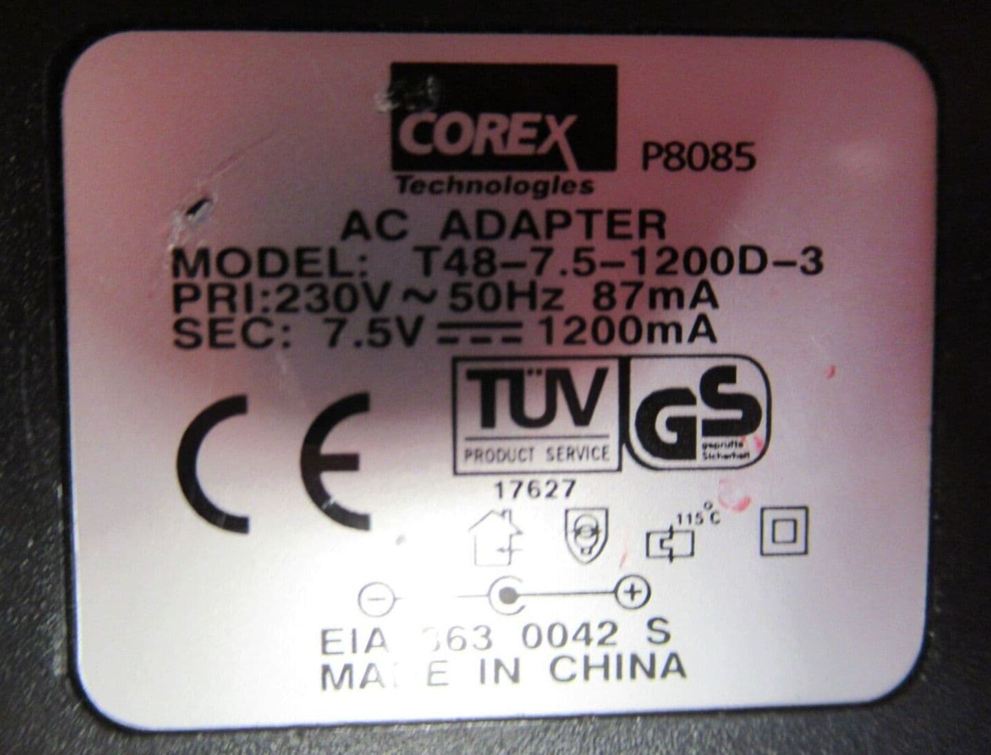 Corex Technologles T48-7 5-1200D-3 UK Plug AC Power Adapter 9W 7 5V 1200mA