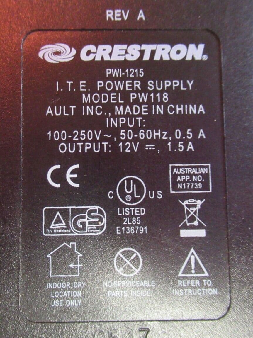 Crestron PWI-1215 PW118 Barcode Scanner AC Power Adapter 18W 12V 1 5A