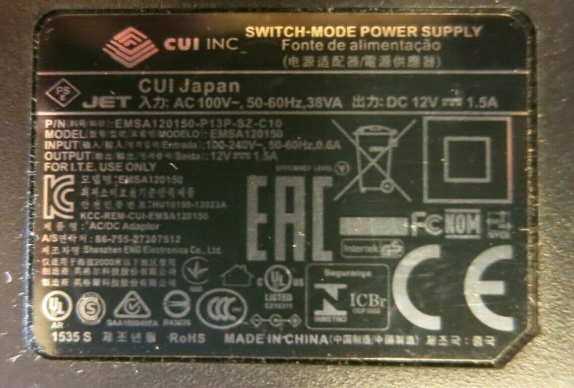 Cui EMSA-P13P-SZ-C10 3 Pin UK Plug Switch Mode AC Power Adapter 18W 12V ...