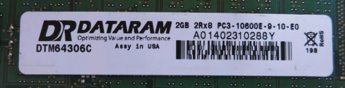DataRam DTM64306C 4GB 2x2GB 2Rx8 PC3-10600 DDR3 ECC 240P CL9 DIMM Memory