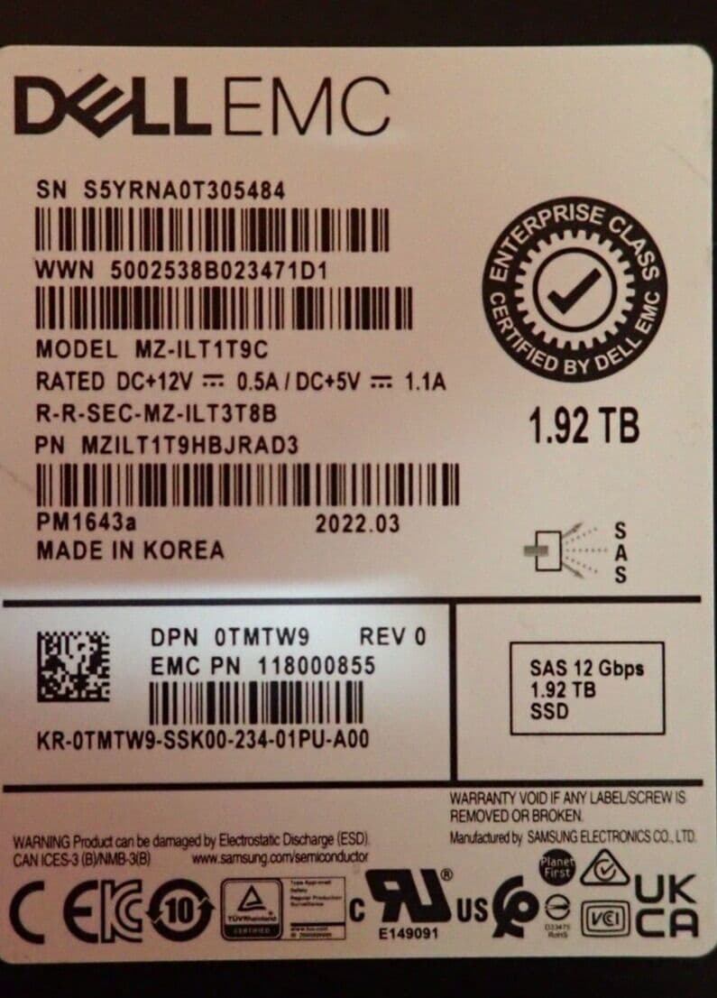 Dell 1 92TB SAS 12G 2 5" RI SSD MZ-ILT1T9C TMTW9 14th/15th Gen Caddy