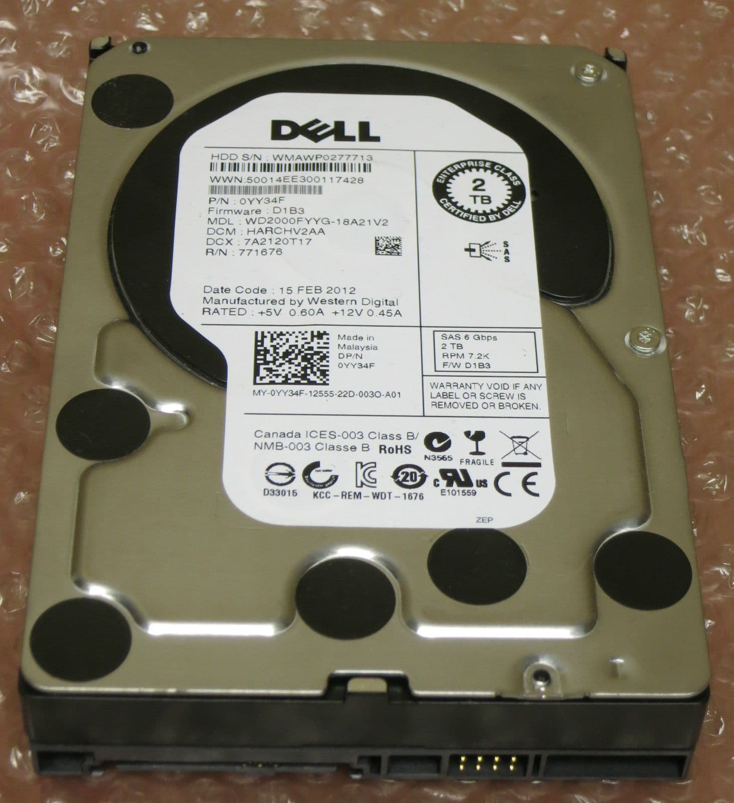 Dell 2TB 2000GB 7 2K SAS 6Gbps 3 5" YY34F WD2000FYYG-18A21V2 Hard Drive HDD