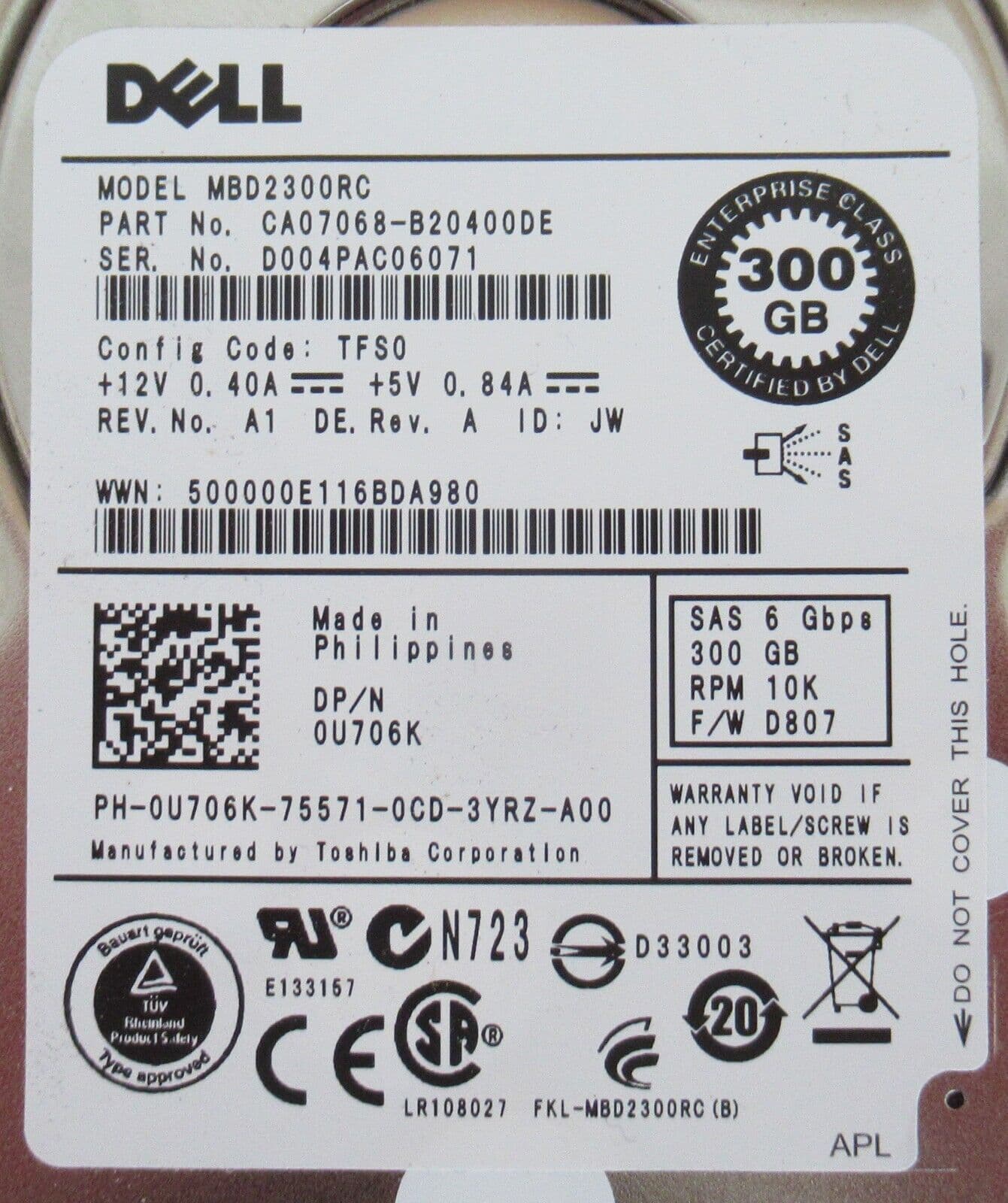 Dell 300GB 2 5 SAS 6Gb/s 10K 16MB Server Internal HDD Hard Drive - U706K