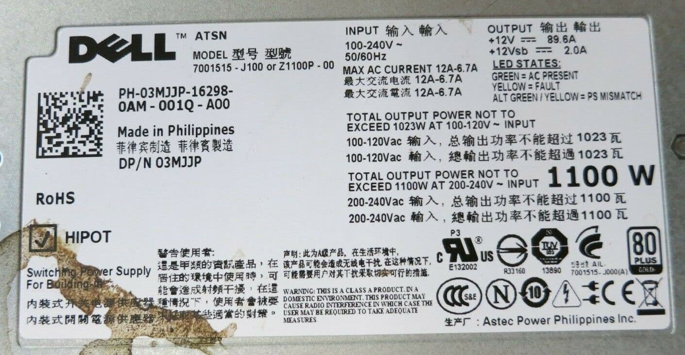 Dell 3MJJP Poweredge T710 R510 R810 R910 1100W PSU Power Supply 03MJJP