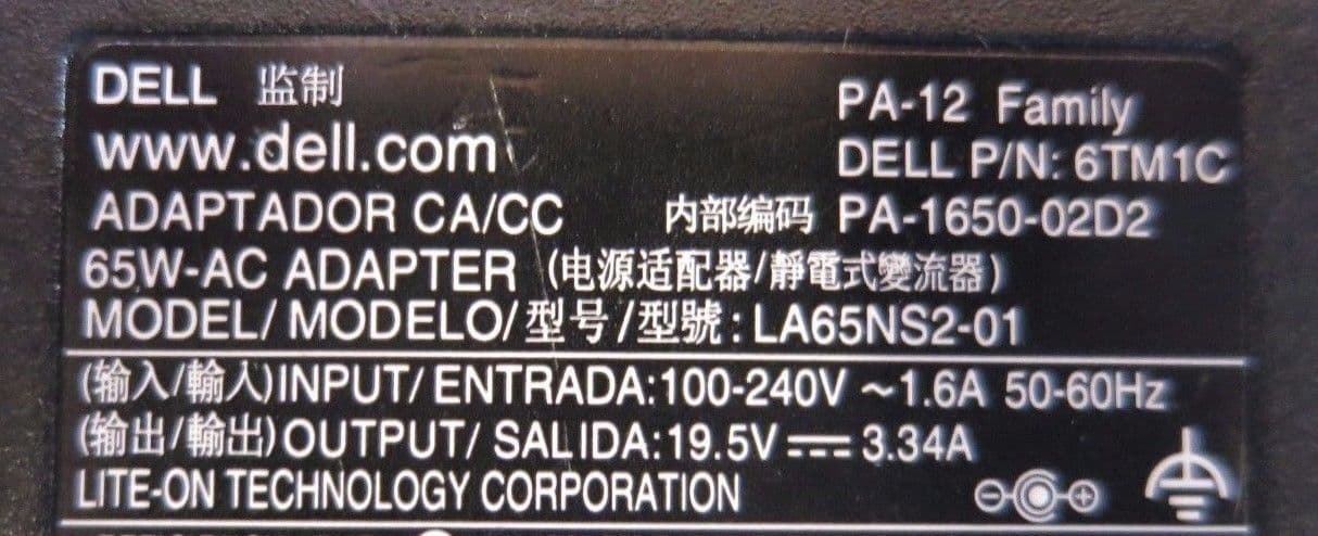Dell 6TM1C PA-12 Family New Slim Laptop AC Power Adapter 65W 19 5V 3 34A