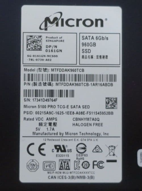 Dell 960GB 2 5" SATA 6G MU SED SSD MTFDDAK960TCB 161GN Caddy