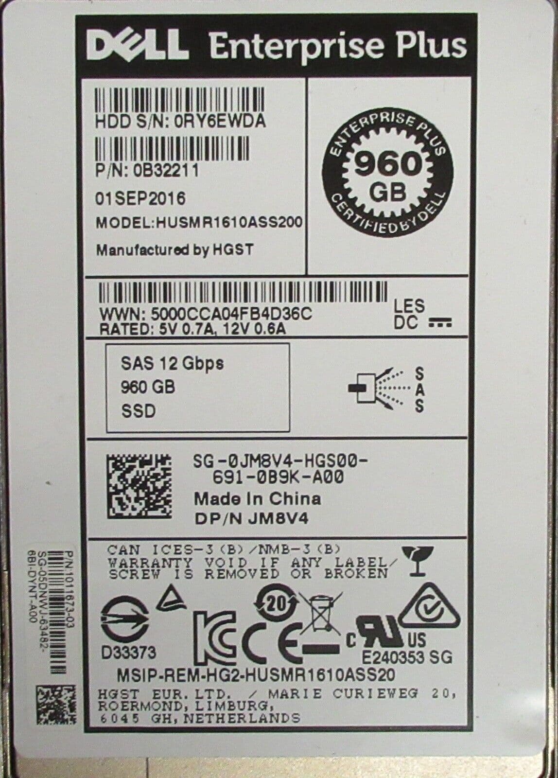 Dell Compellent 960GB 12G SAS SSD 12Gbps Enterprise Plus JM8V4 ...