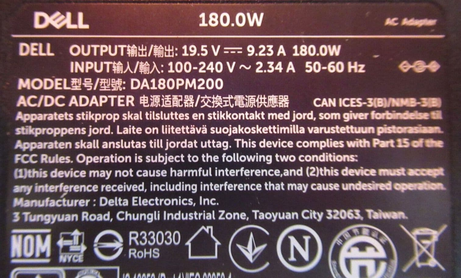 Dell DA180PM200 WCF6J 0WCF6J Laptop AC Power Adapter 180W 19 5V 9 23A