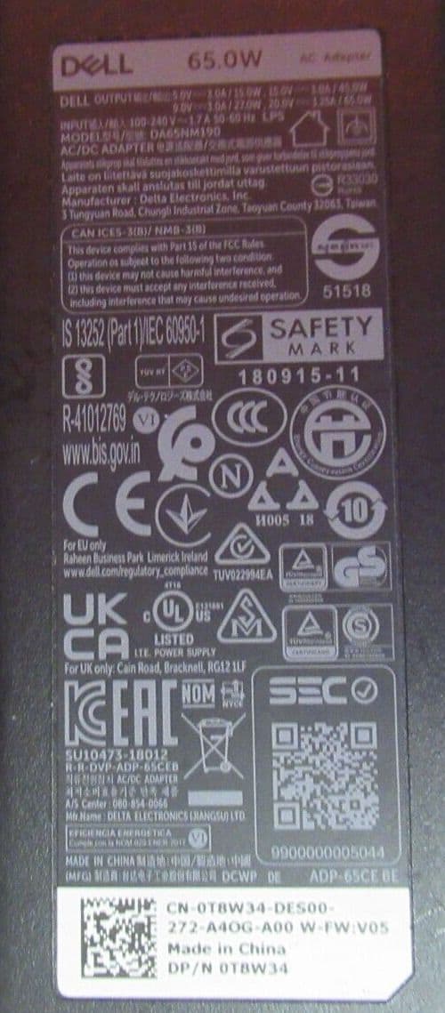 Dell DA65NM190 T8W34 0T8W34 USB Type-C Laptop AC Power Adapter 65W 20V ...