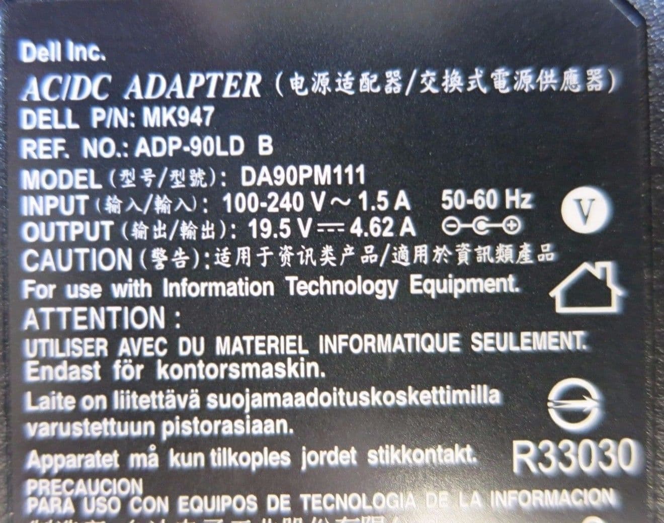 Dell DA90PM111 0MK947 Laptop AC Power Adapter Charger 90W 19 5V 4 62A