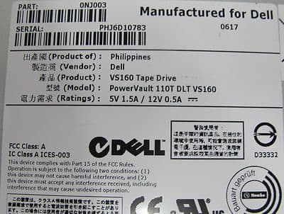 Dell DLT VS160 External Tape Drive For 110T PowerVault NJ003 0NJ003