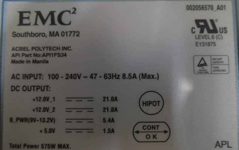 Dell EMC 7T615 575W Power Supply API1FS34 118032034 For CX200 CX400 PSU