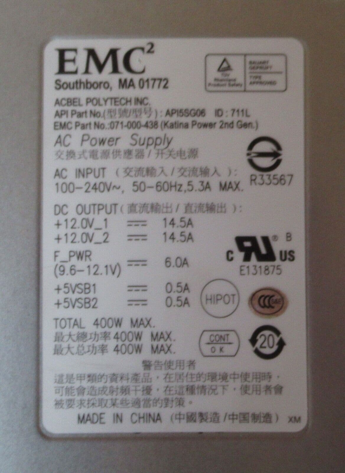 Dell EMC AP15SG06 071-000-438 400W EMC2 CX4 Chassis Power Supply Module ...