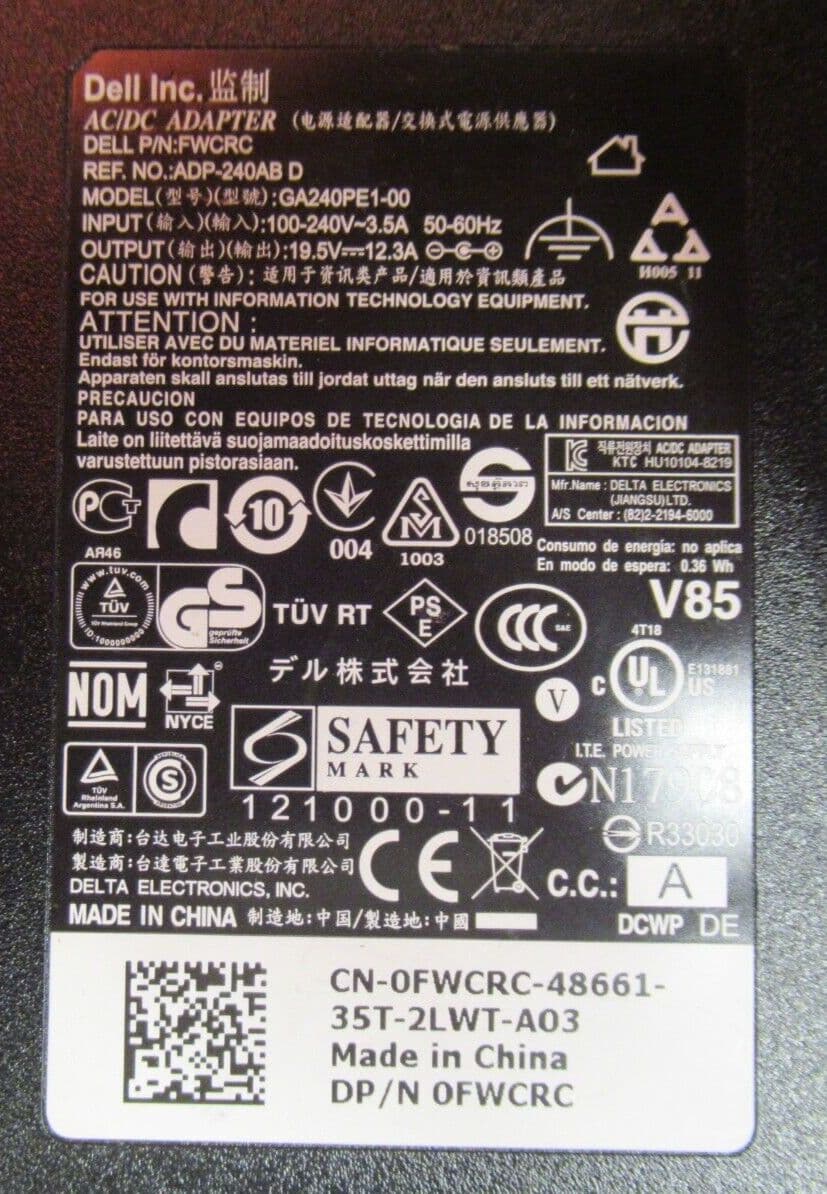 Dell GA240PE1-00 FWCRC 0FWCRC ADP-240AB Laptop AC Power Adapter 240W 19 5V 12 3A