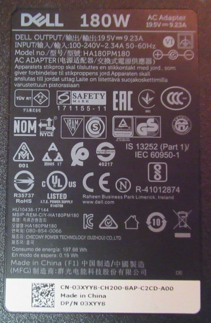 Dell HA180PM180 3XYY8 03XYY8 Laptop AC Power Adapter 180W 19 5V 9 23A