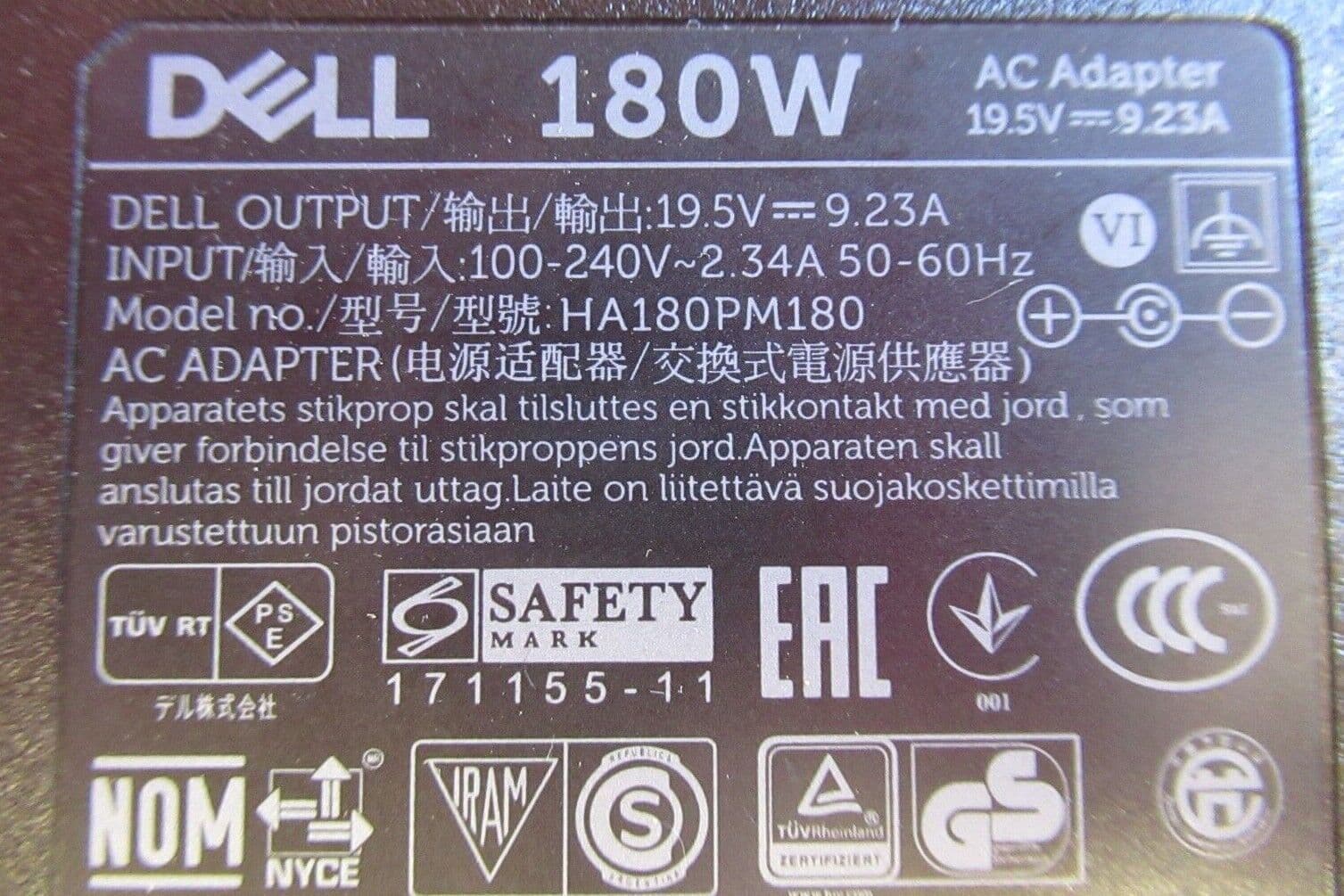 Dell HA180PM180 3XYY8 03XYY8 Laptop AC Power Adapter Charger 180W 19 5V 9 23A