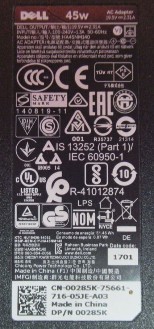 Dell HA45NM140 0285K 00285K Laptop AC Power Adapter 45W 19 5V 2 31A