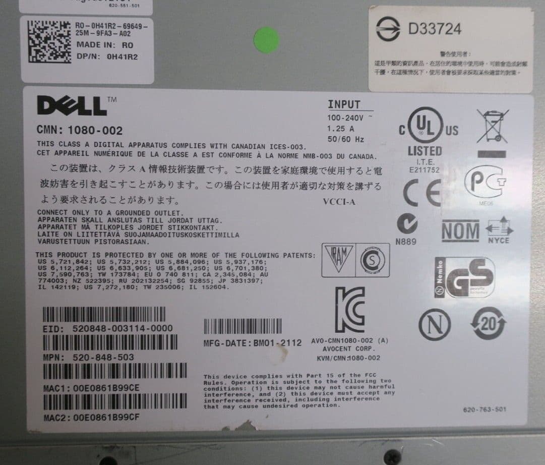 DELL KVM 2162DS 16-Port RJ-45 Remote Console Switch USB VGA 0H41R2 520 ...